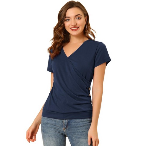 Allegra K Women's Wrap V Neck Short Sleeve Button Decor Ruched Blouses ...