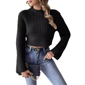 YESFASHION Women’s Knit Sweater Pullover Mock Neck Flare Long Sleeves ...