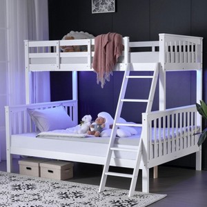 Karl Home White Twin Over Full Size Bunk Bed with Guardrail, LED Light ...