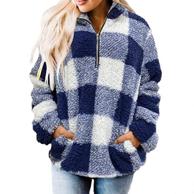 Haute Edition Women's 1/4 Zip Buffalo Plaid Faux Shearling Sweatshirt ...