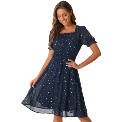 Allegra K Women's Square Neck Metallic Stars Ruffle A-line Stretch ...