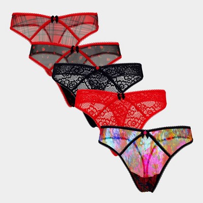 Parade Women's 5pk Silky Mesh & Lace Roses And Red Thong - S/m : Target