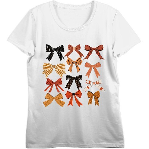 Assorted Cute Ribbon Bows Women's White Crew Neck Short Sleeve Top ...