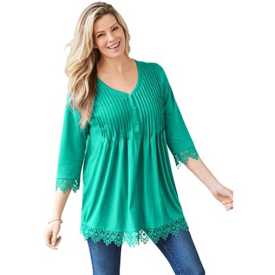 Woman Within Women's Plus Size Pintuck Henley Crochet Trim Tunic - M ...