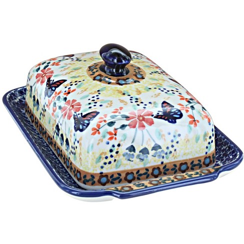 Blue Rose Polish Pottery Blue Butterfly Large Butter Dish : Target