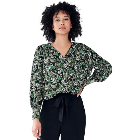 Ellos Women's Plus Size Button Front Blouson Sleeve Blouse - 24, Black ...