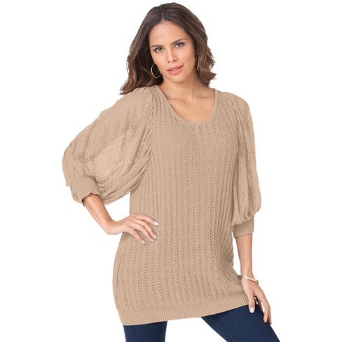 Roaman's Women's Plus Size Lace Sleeve Sweater - 14/16, New Khaki : Target