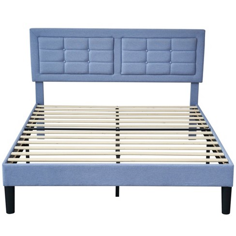 Vecelo Light Blue Upholstered Bed Wood And Metal Frame Queen Platform ...