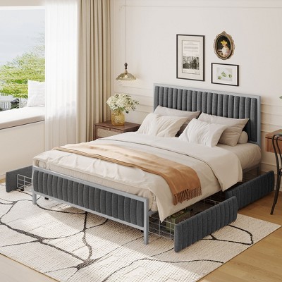 Queen Size Metal Upholstered Platform Bed Frame With 4 Drawers, Gray 4w ...