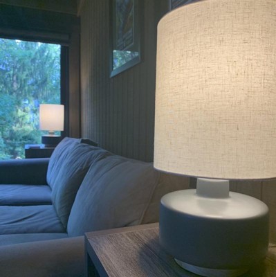 17"x9.5" Ceramic Table Lamp With Wood Base - Threshold™: Linen Shade ...