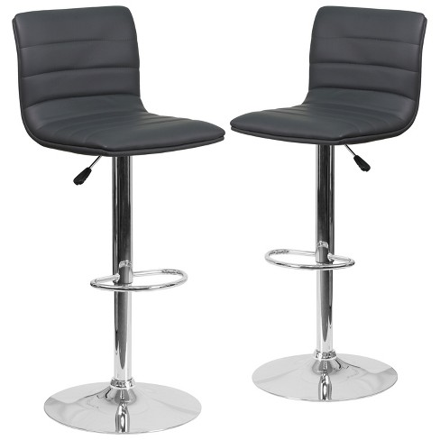 Emma and Oliver 2 Pack Gray Vinyl Adjustable Height Barstool Horizontal Stitch Back Chrome Base