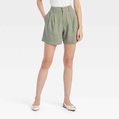 Women's High-rise Linen Pleat Front Shorts - A New Day™ Green 10 : Target
