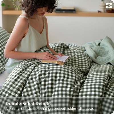 Bedsure Olive Green Queen 3 Piece Gingham Duvet Cover Set 100% Washed ...