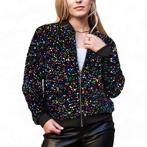 Anna-kaci Sparkly Sequin Jacket Glitter Long Sleeves Zip Up Bomber ...