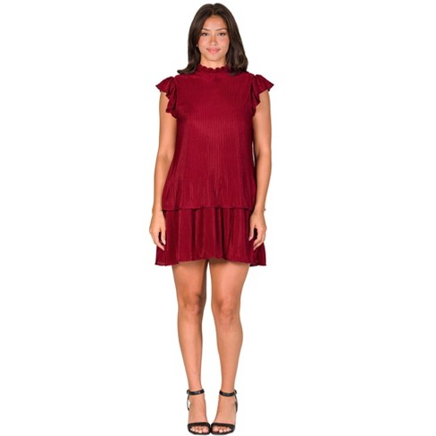 24seven Comfort Apparel Ruffle Cap Sleeve High Neck Pleated Tiered Mini ...