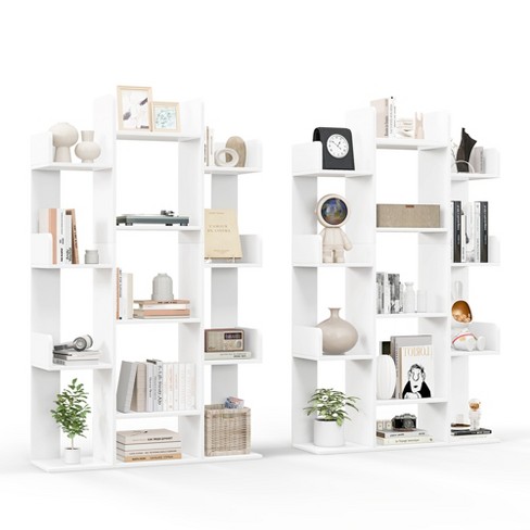 Costway 2 Pcs Bookshelf Tree-shaped Bookcase With 13 Storage Shelf ...