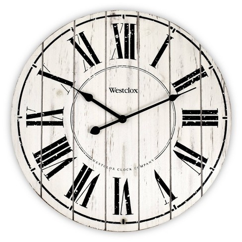 18" Plank Wood Wall Clock White - Westclox: Rustic Roman Numerals ...