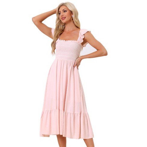 Allegra K Women's Square Neck Ruffle Trim Flowy Smocked Midi Sundresses ...