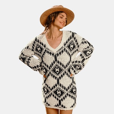 Women's Ivory And Black Geometric Boho Chic Sweater Dress - Cupshe-s ...