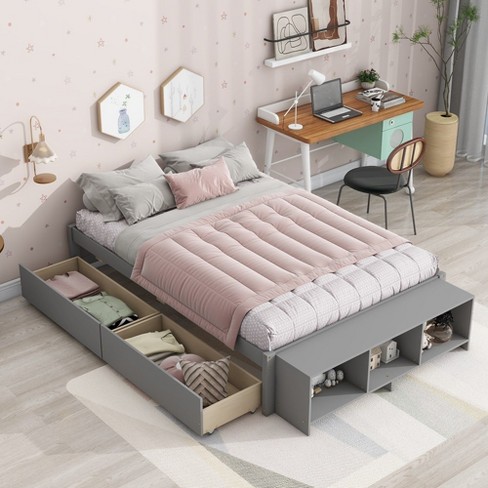 Full Size Platform Bed With 2 Storage Drawers, Pine Wood Full Bed Frame ...