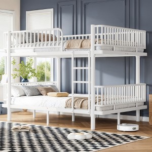 Queen over Queen Bunk Bed with Ladders and Guardrails, Metal Frame ...