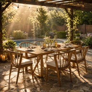 Polibi Acacia Wood Outdoor Dining Set od 7 with 6 Chairs, 1 Expanded ...