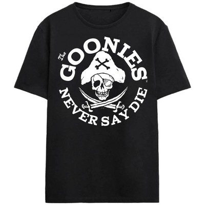 The Goonies White Pirate Flag Never Say Die Adult Black Crew Neck Short ...