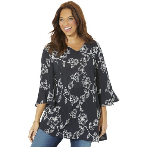 Catherines Women's Plus Size Embroidered Gauze Tunic - 5x, Black : Target