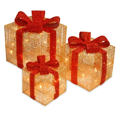 6" 8" And 10" Prelit 3pc Gold Thread Gift Boxes With Red Bows Clear ...