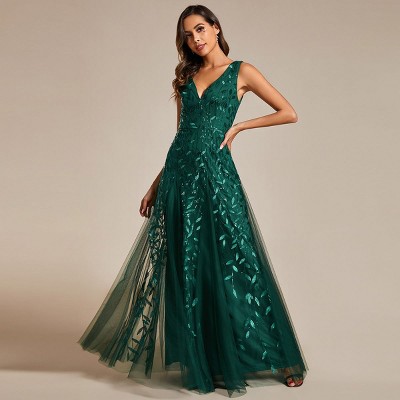 Dark Green V Neck Sleeveless Tulle Hem A-line Sequins Maxi Evening ...