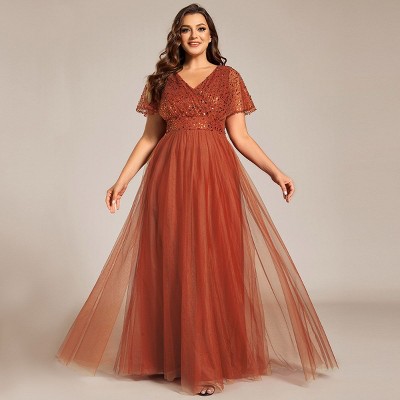 V Neck Ruffles Sleeves Sequin Evening Dresses A Line Maxi Formal ...