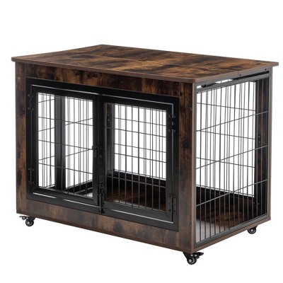 43" Heavy Duty Dog Crate, Wooden Dog Crate With Metal Frame, Flip-up ...