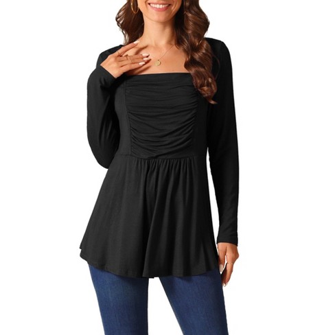 Seta T Women's Long Sleeve Square Neck Loose Fit Pleated Flowy Tunic ...