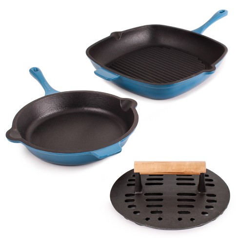 Berghoff Neo 3pc Cast Iron Cookware Set, Fry Pan 10", Square Grill Pan ...