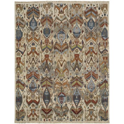 Ivory Blue and Brown Wool Ikat Hand Knotted Area Rug With Fringe : Target