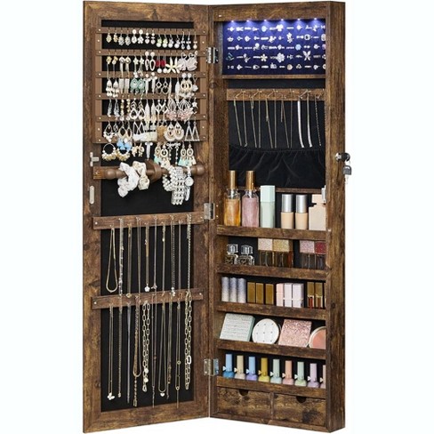 Songmics Hanging Mirror Jewelry Cabinet Wall door Mounted Jewelry Armoires With Led Interior Lights Jewelry Organizer Box Holder Rustic Brown Target