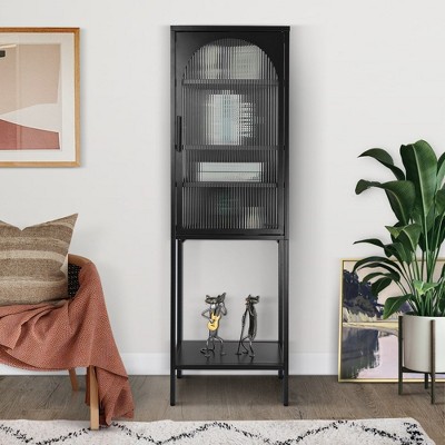 Stylish Tempered Glass High Cabinet With Arched Door Adjustable Shelves ...