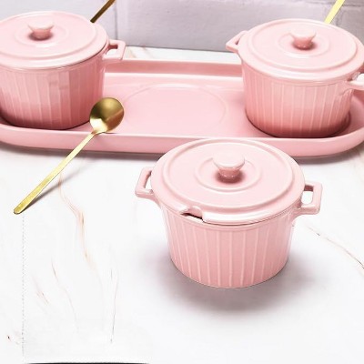 Whole Housewares Mini Cocotte Set With Golden Spoons And Pink Serving ...