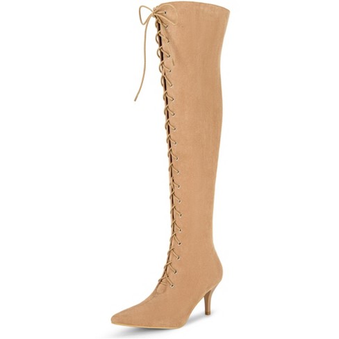Allegra K Women's Lace Up Stiletto Heel Over The Knee High Boots Khaki ...