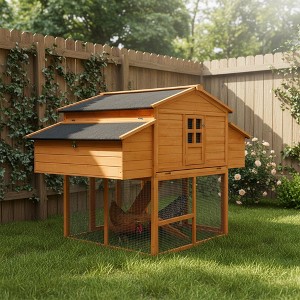 Outdoor Wooden Chicken Coop with 2 Nesting Boxes, Leakproof Pull-Out ...