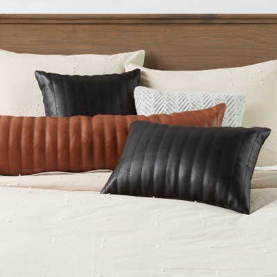Faux Leather Channel Stitch Decorative Throw Pillow Collection ...