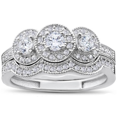 Pompeii3 1ct 3-stone Halo Diamond Engagement Wedding Ring Set 10k White ...