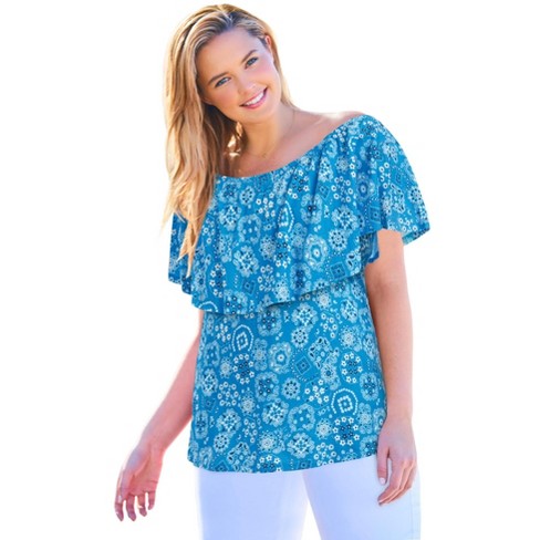 Woman Within Women's Plus Size Off Shoulder Ruffle Tee - 30/32, Turq ...