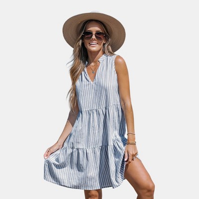 Women's Striped V-neck Mini Dress - Cupshe-s-blue : Target
