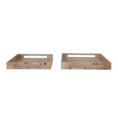 Storied Home 2-Piece Burl Wood Veneer Tray Set with Handles, Natural ...