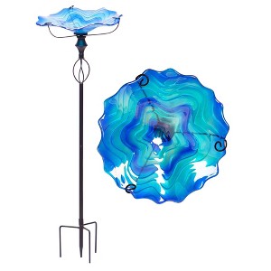 G128 32 Inch Height Glass Bird Baths with Metal Stake | Decorative Blue ...