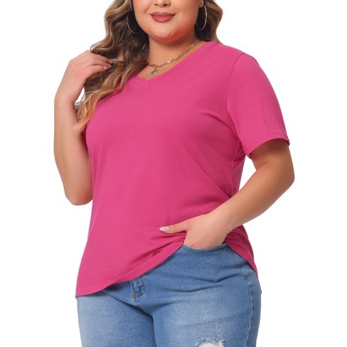 Agnes Orinda Women's Plus Size Basic Casual V Neck Short Sleeve Plain T-shirts Hot Pink 3x : Target