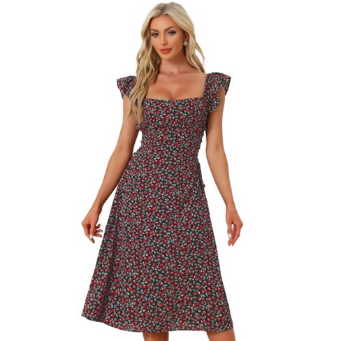 Inspire Chic Women's Floral Dresses Cherry Print Lace-up Ruffle Cap ...