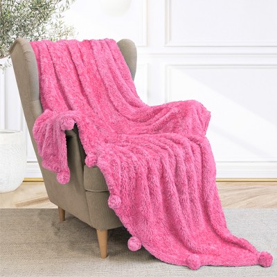 Pavilia Fluffy Throw Blanket With Pompom, Lightweight Soft Plush Cozy ...