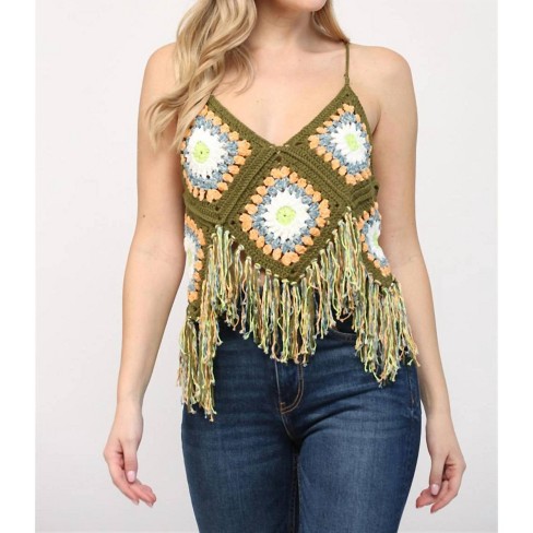 Women's Pointed Fringe Bottom Hem Crochet Tank - Fate : Target